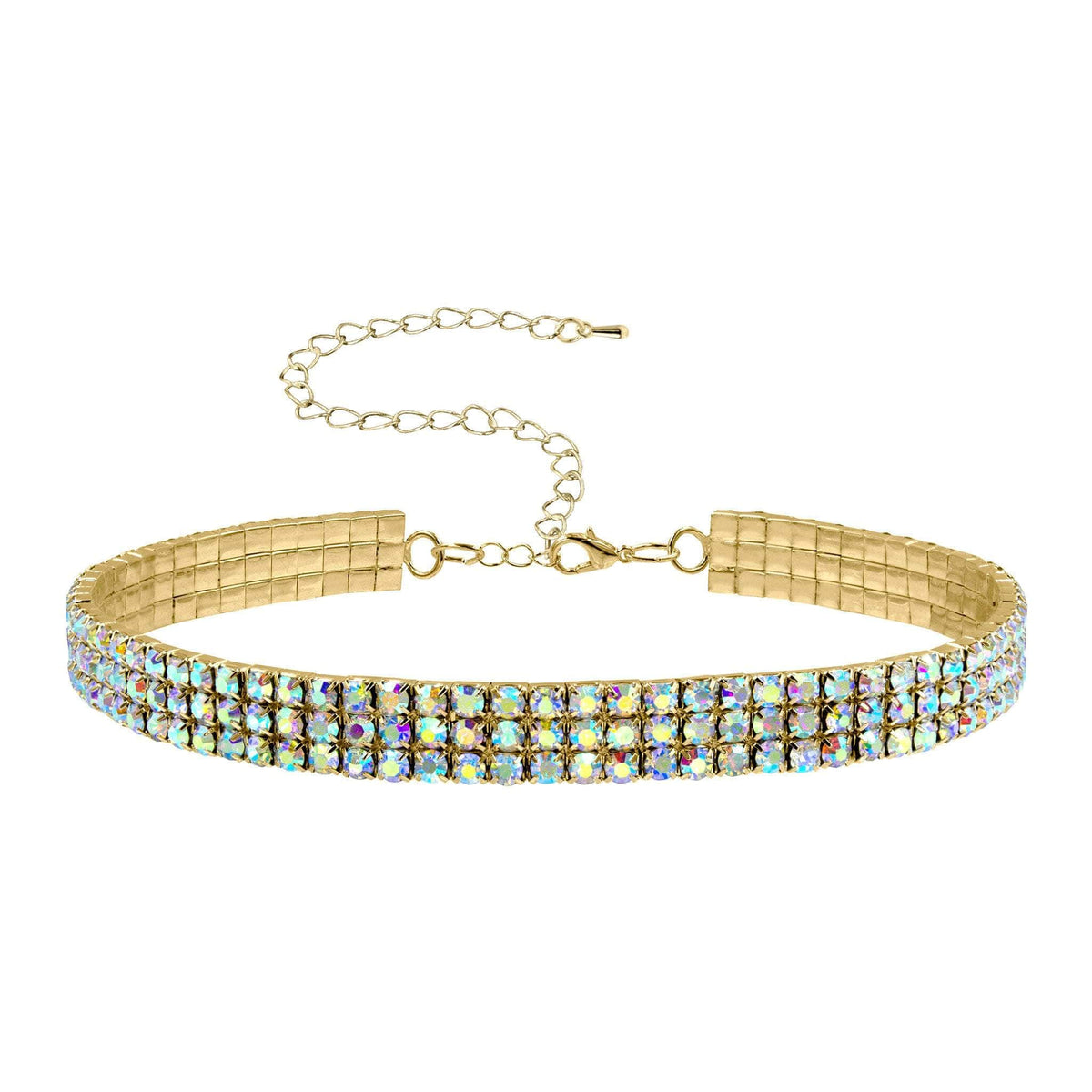 #13332ABG - 3 Row Stretch Rhinestone Necklace - (Iridescent Stones) AB